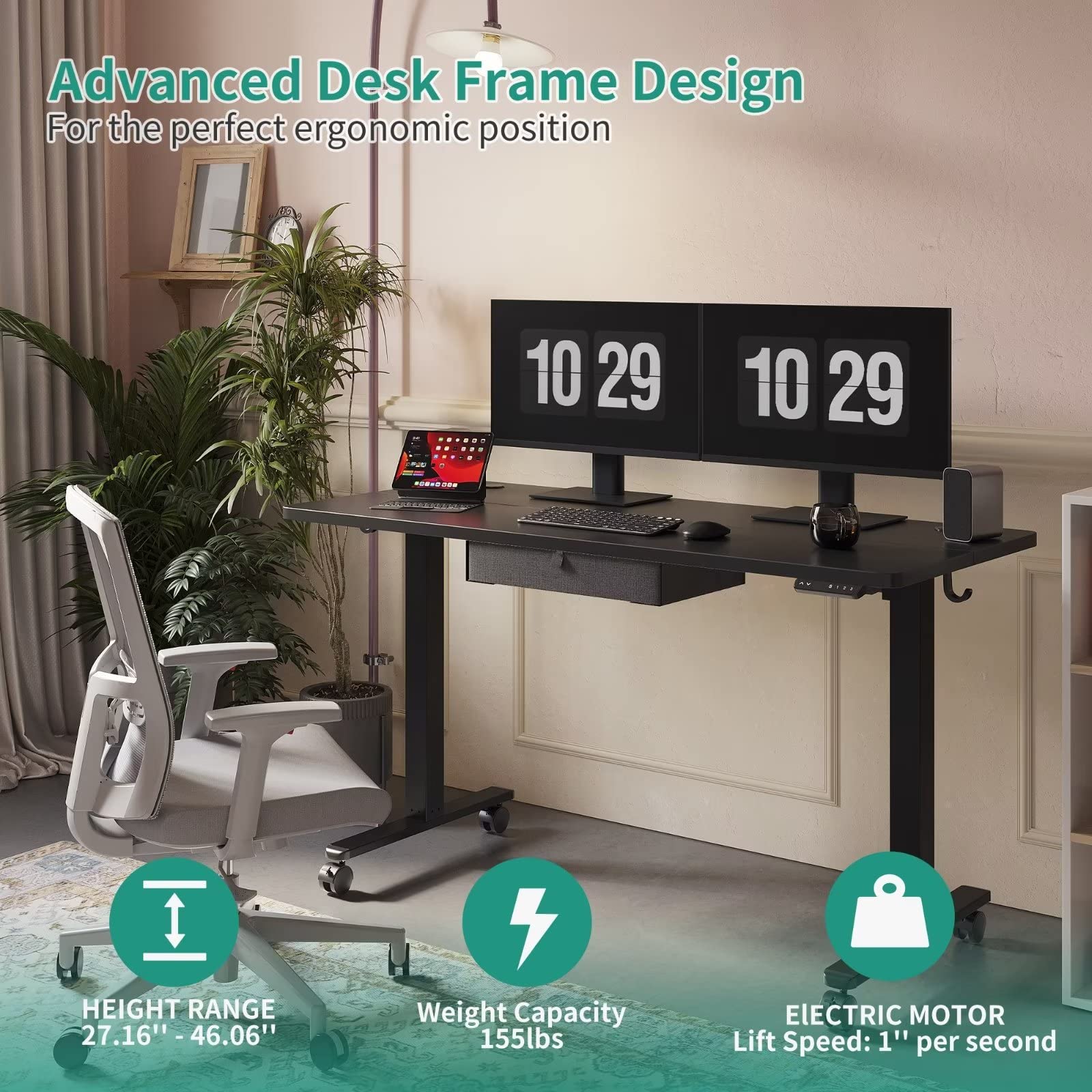 EleTab 48 x 24 Inch Electric Standing Desk with Drawer, Stand up Desk Adjustable Height for Home Office, Sit Stand Computer Desk, Ergonomic Workstation Black Steel Frame/Rustic Brown Tabletop