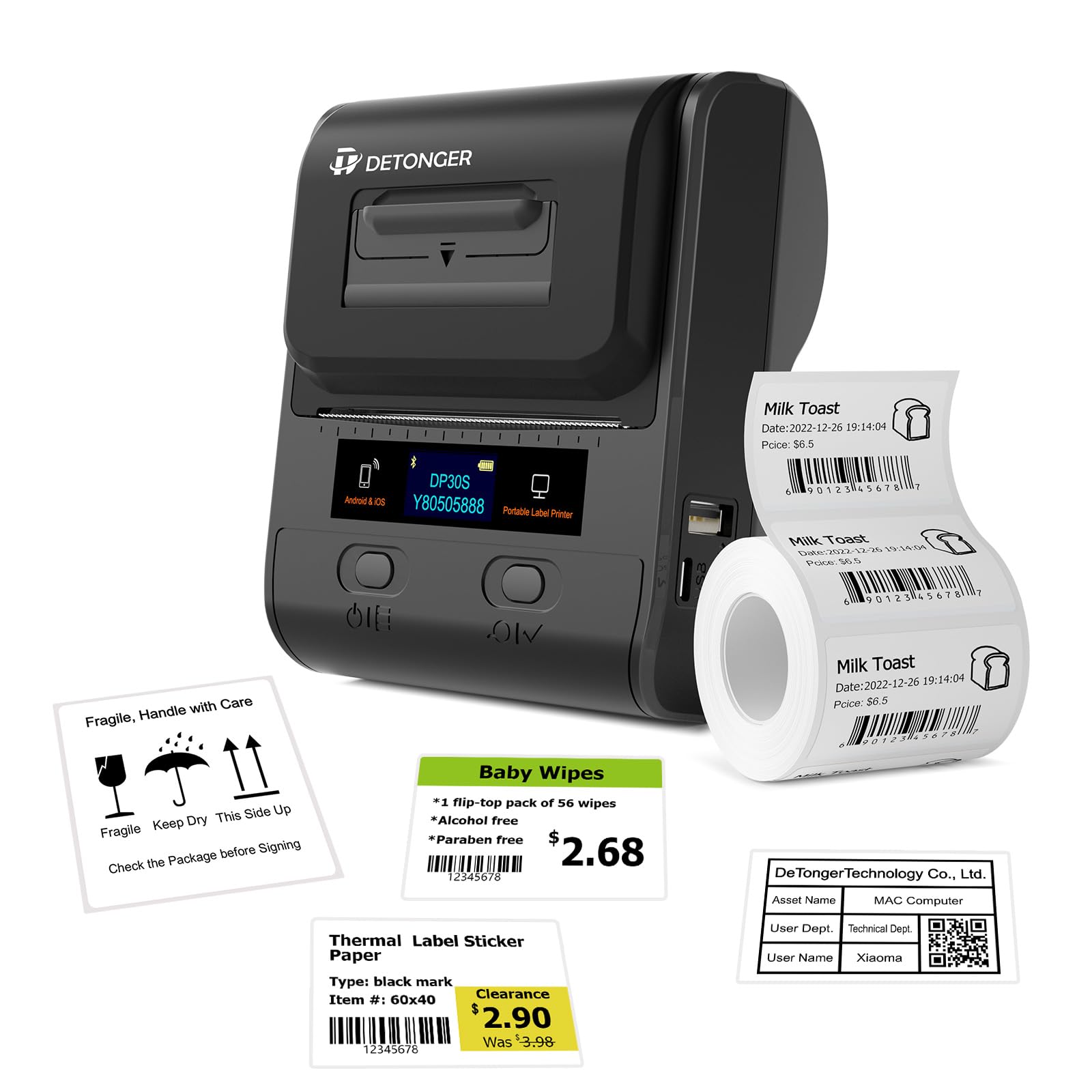 Thermal Label Maker DETONGER DP30S 3inch75mm Portable Bluetooth Address Label Maker with 1 Pack 50x30mm Label Sticker for Office Organization Commercial Use Barcode Label Compatible with Android & iOS