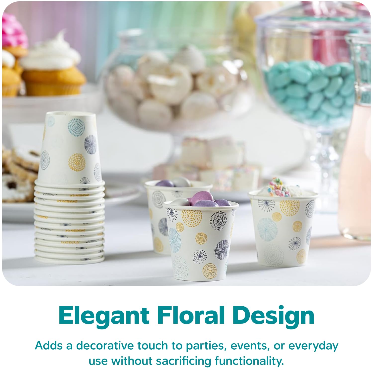 [300 Count] 3 oz. Small Paper Cups, Disposable Mini Bathroom Mouthwash Cups - Floral