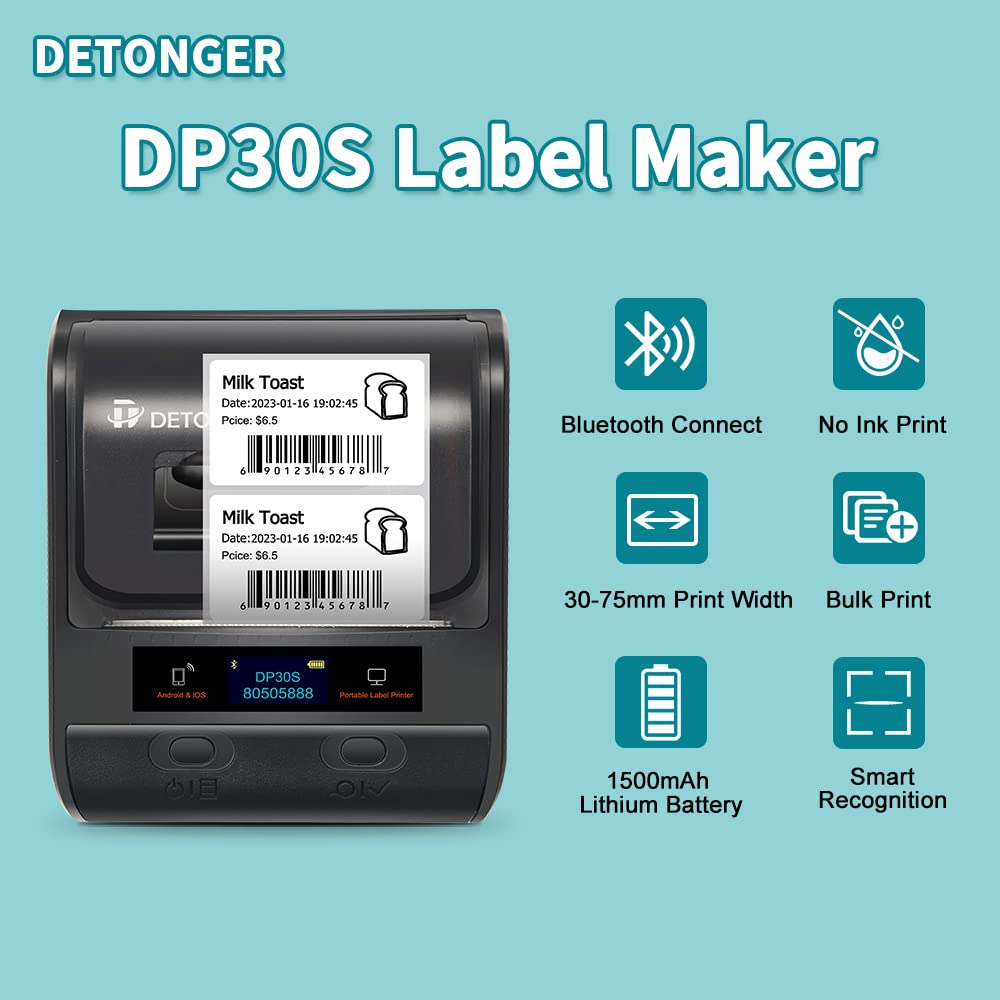 Thermal Label Maker DETONGER DP30S 3inch75mm Portable Bluetooth Address Label Maker with 1 Pack 50x30mm Label Sticker for Office Organization Commercial Use Barcode Label Compatible with Android & iOS