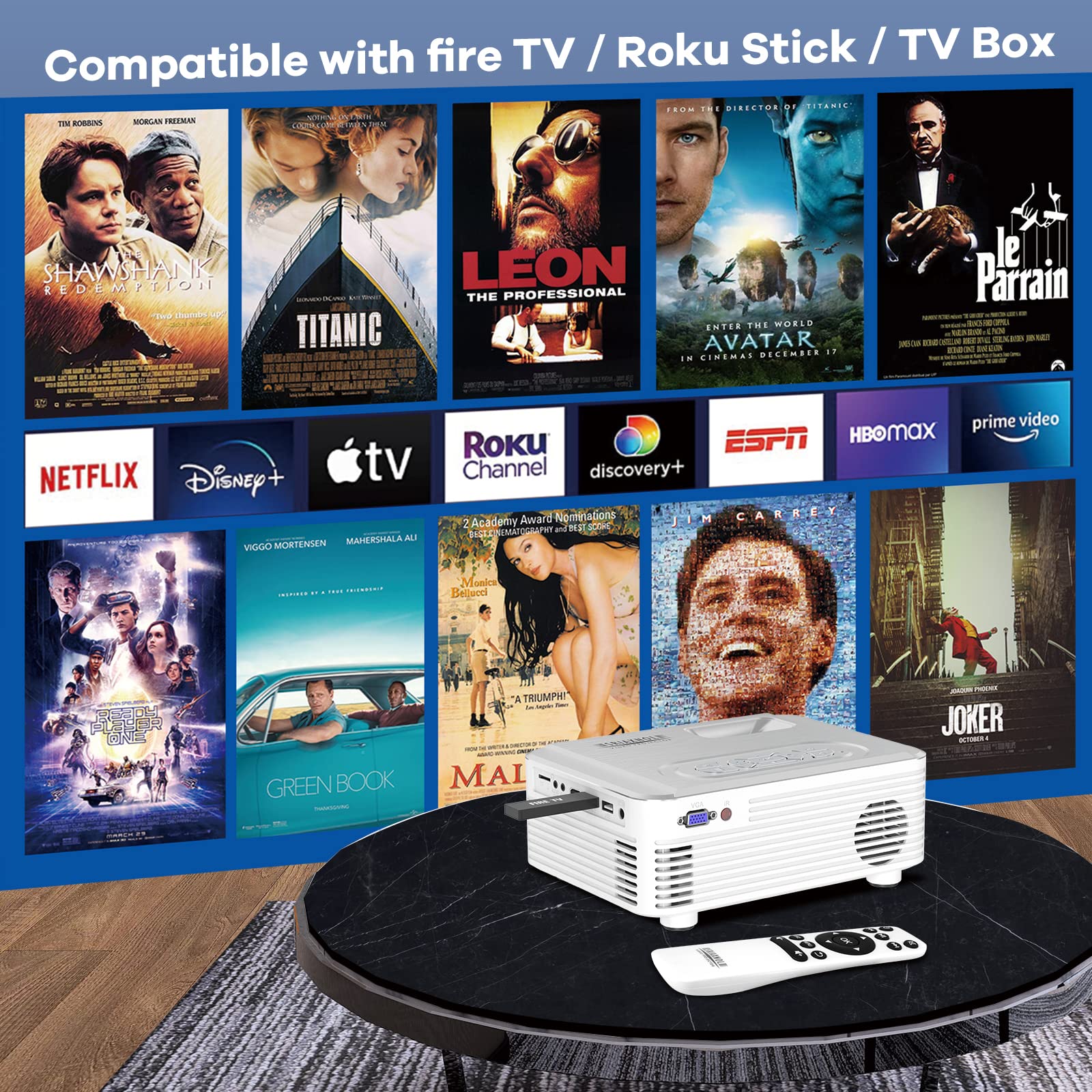 Mini Projector with WiFi and Bluetooth 5G Full HD Movie Projector for iPhone 1080P Supported 8500L Compatible with TV Stick Roku HDMI USB TF VGA AV for Home Theater & Video Games