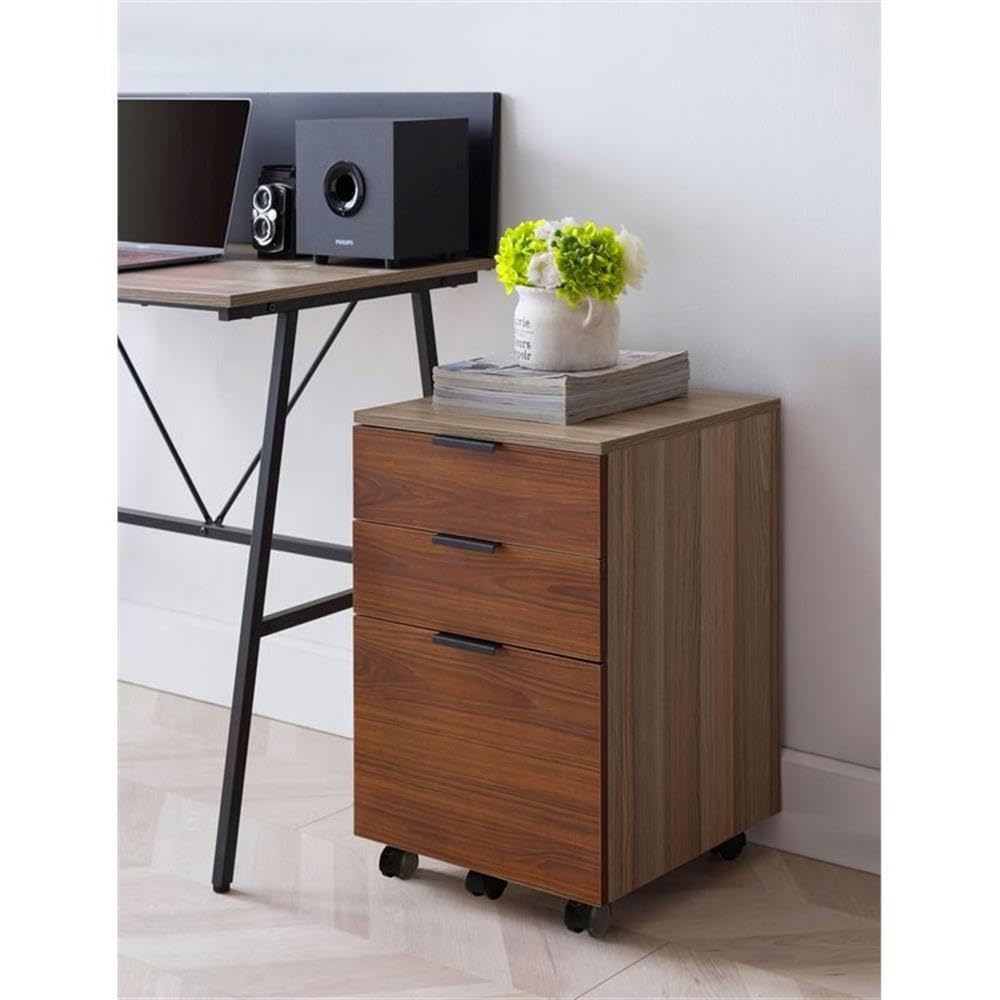 JJS 3 Drawer Rolling Wood File Cabinet with Locking Wheels, Home Office Portable Vertical Mobile Wooden Storage Filing Cabinet for Letter Size, Brown