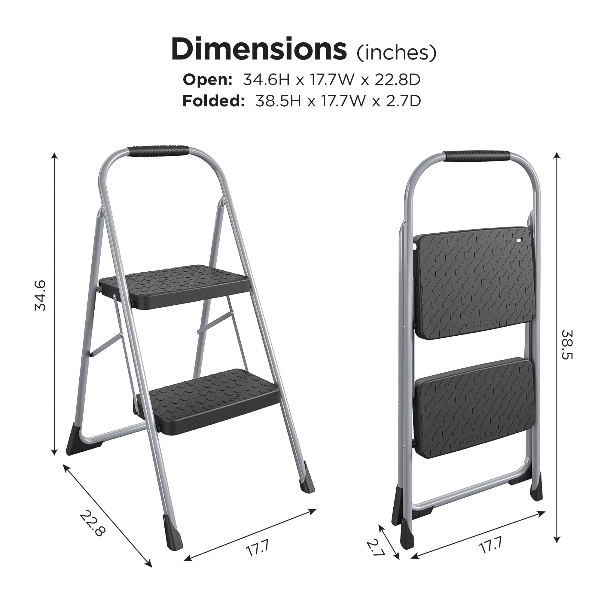 COSCO 11308PBL1E Two Step Big Step Folding Step Stool with Rubber Hand Grip, Gray