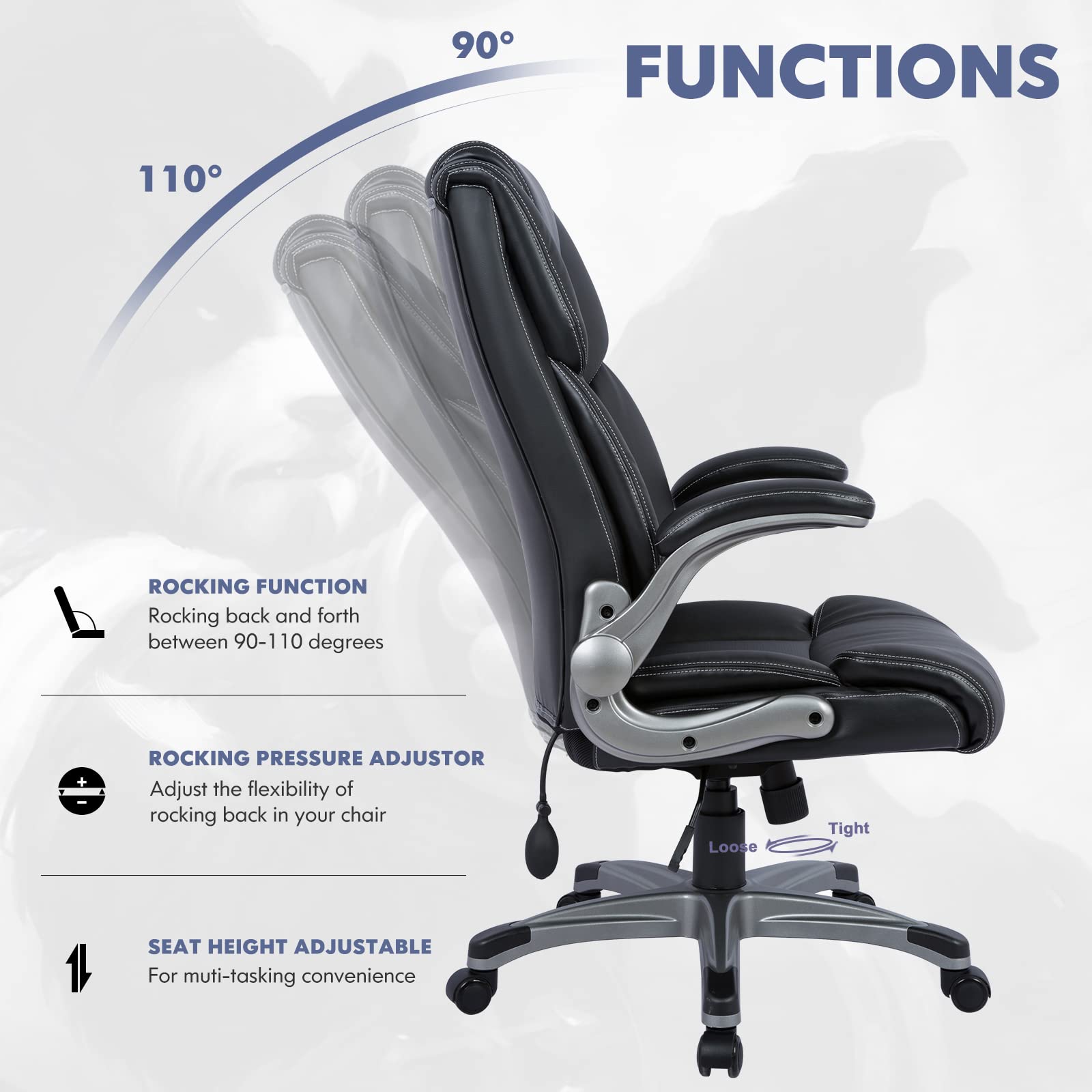 High Back Executive Office Chair- Ergonomic Home Computer Desk Leather Chair with Padded Flip-up Arms, Adjustable Tilt Lock, Swivel Rolling Chair for Adult Working Study-Black