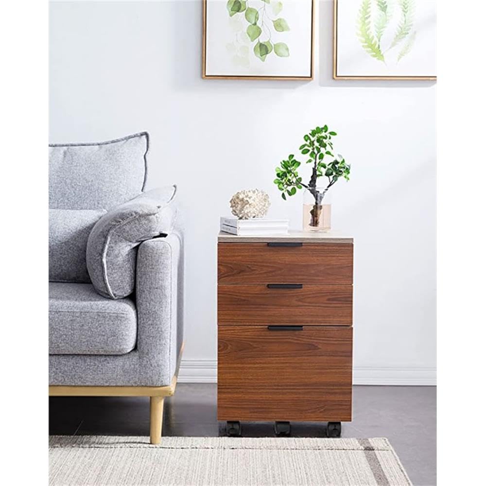 JJS 3 Drawer Rolling Wood File Cabinet with Locking Wheels, Home Office Portable Vertical Mobile Wooden Storage Filing Cabinet for Letter Size, Brown