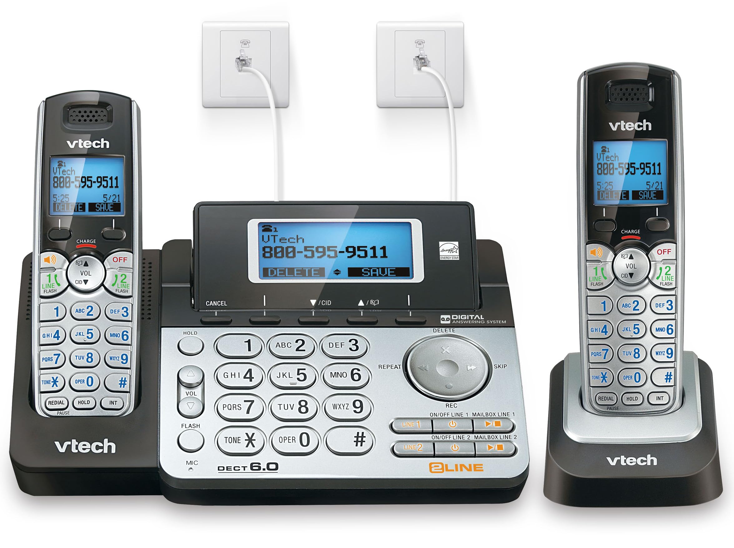 VTech DS6151-2 2 Handset 2-Line Cordless Phone System for Home or Small Business with Digital Answering System & Mailbox on each line, Silver