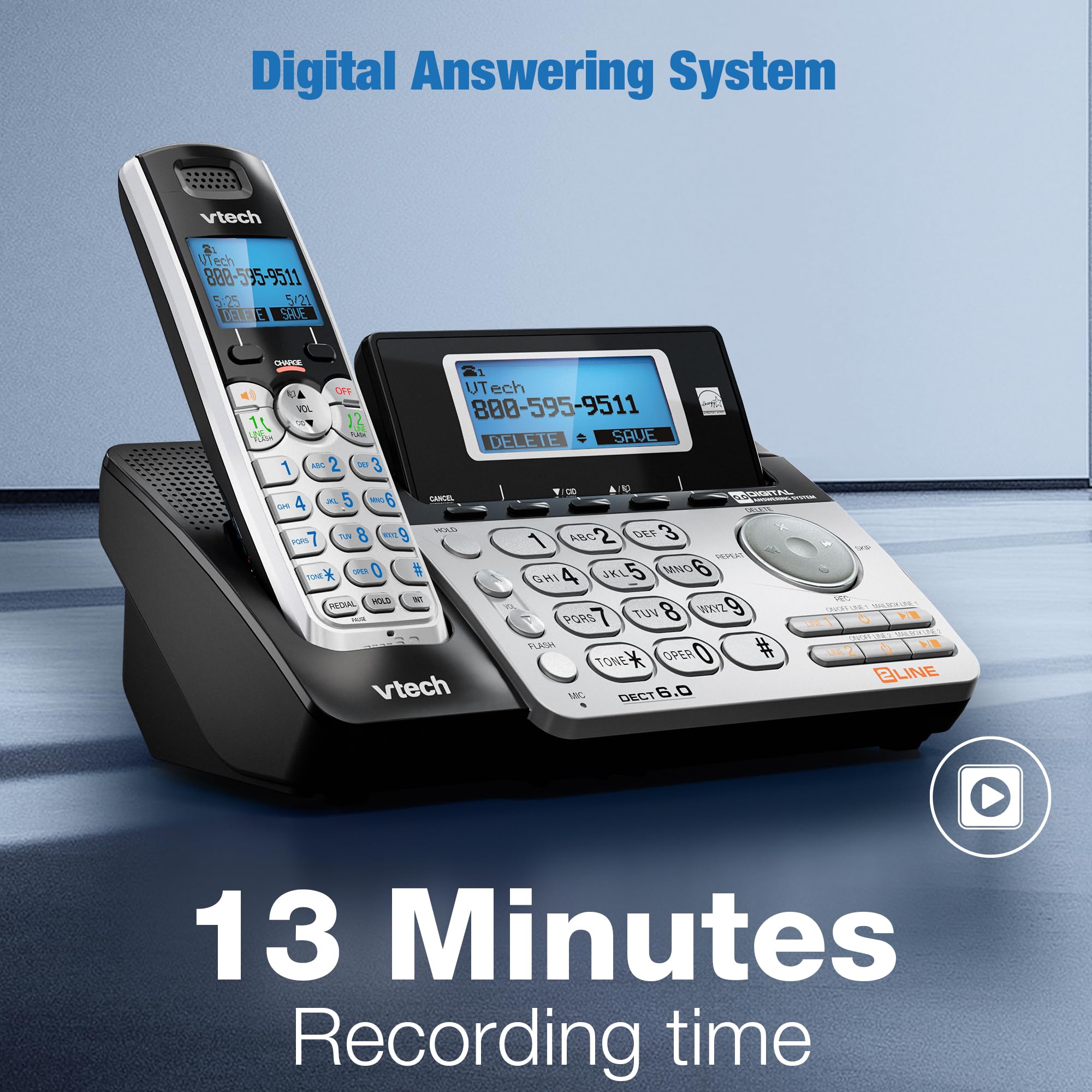 VTech DS6151-2 2 Handset 2-Line Cordless Phone System for Home or Small Business with Digital Answering System & Mailbox on each line, Silver
