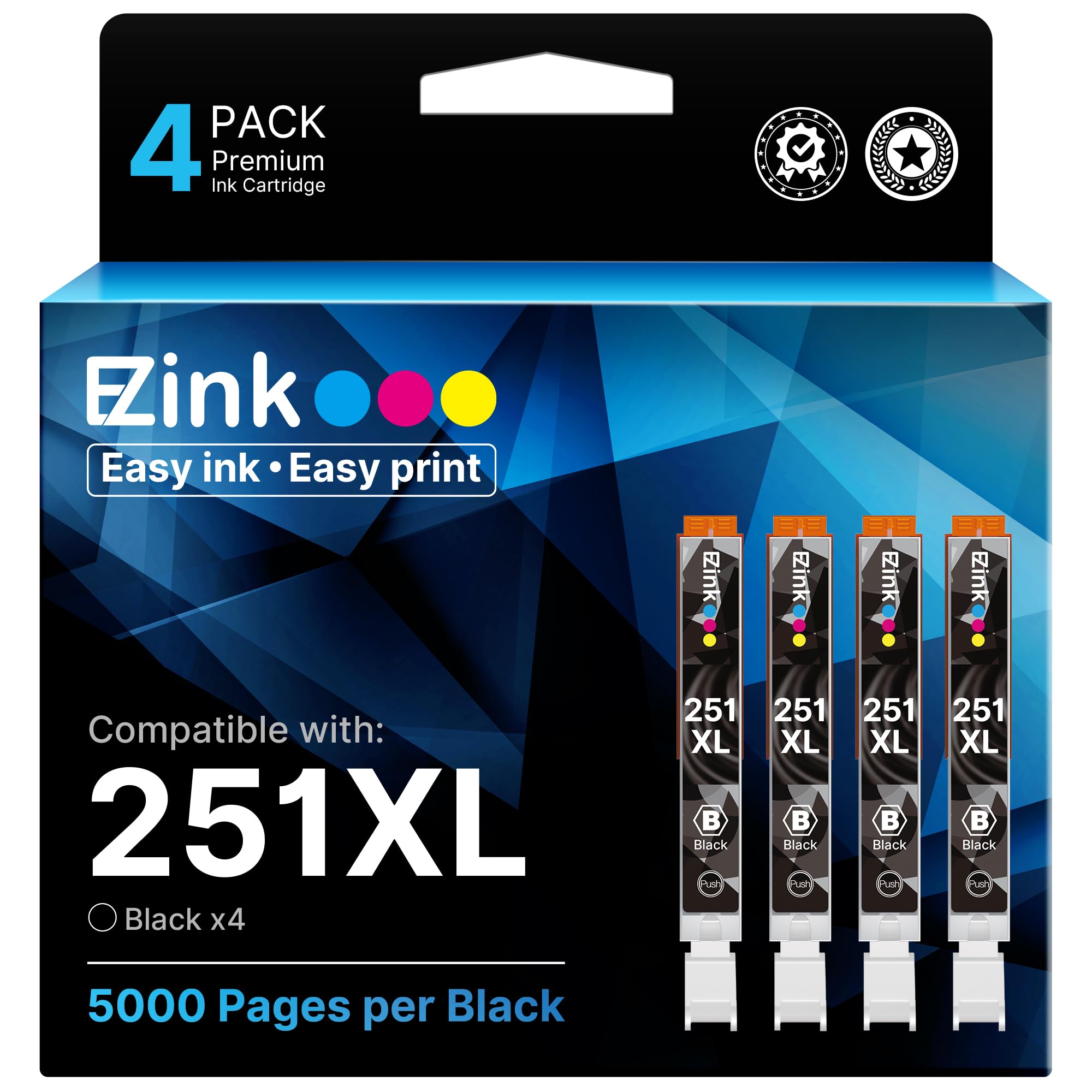 E-Z Ink (TM) Compatible Ink Cartridge Replacement for Canon CLI-251XL CLI 251 XL to use with PIXMA MX922 MG5520 MG7120 MG6320 MG6620 MG5620 IX6820 IP8720 Printer(Black, 4 Pack)