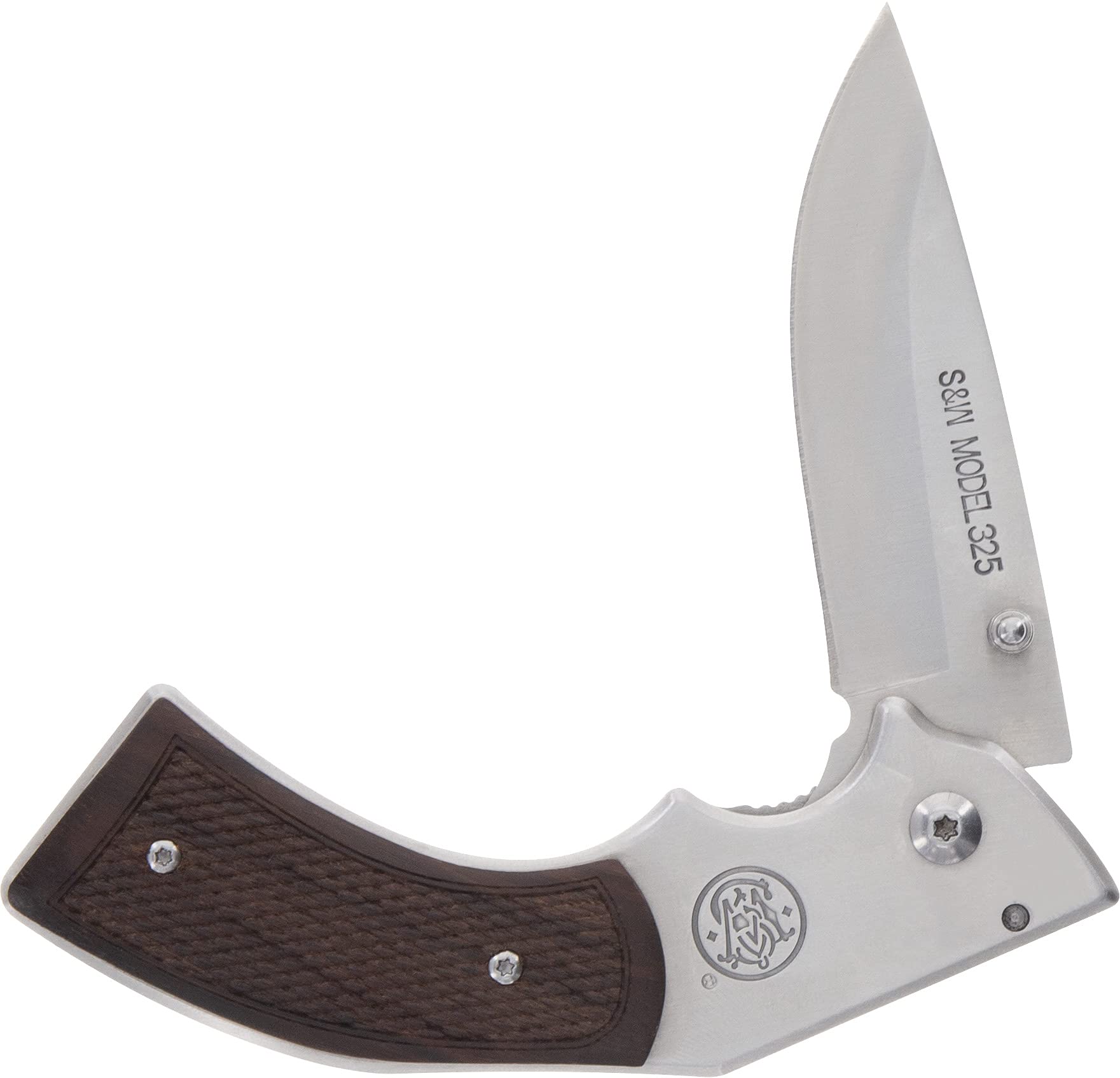 Smith & Wesson 7.5in Stainless Steel Model 325 Revolver Folding Knife with 3in Drop Point Blade, Rosewood Handle and Leather Holster for Outdoor, Tactical, Survival and EDC