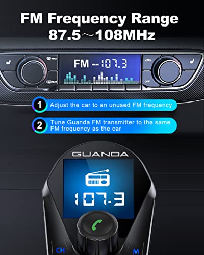 Bluetooth FM Transmitter (Upgraded Version) in-Car Wireless Radio Adapter Kit W 1.8" Color Display Hands-Free Call QC3.0 and Smart 2.4A Dual USB Ports, AUX Input/Output, TF Card MP3 Player