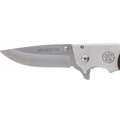 Smith & Wesson 7.5in Stainless Steel Model 325 Revolver Folding Knife with 3in Drop Point Blade, Rosewood Handle and Leather Holster for Outdoor, Tactical, Survival and EDC