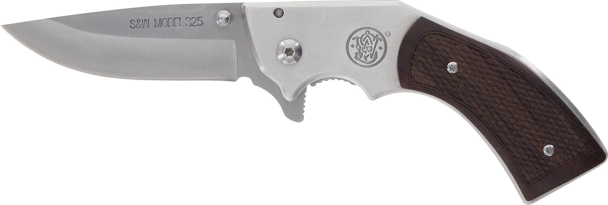 Smith & Wesson 7.5in Stainless Steel Model 325 Revolver Folding Knife with 3in Drop Point Blade, Rosewood Handle and Leather Holster for Outdoor, Tactical, Survival and EDC