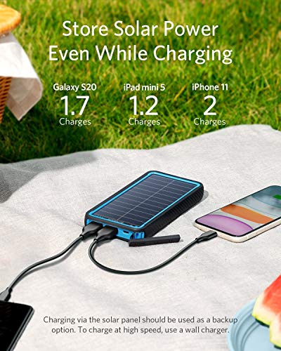 Anker PowerCore Solar 10000, 15W Power Bank 10,000 mAh with Dual Ports, Flashlight, IP64 Splash Proof and Dustproof for Outdoor Activities, Compatible with Smartphones and Other Devices