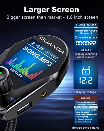 Bluetooth FM Transmitter (Upgraded Version) in-Car Wireless Radio Adapter Kit W 1.8" Color Display Hands-Free Call QC3.0 and Smart 2.4A Dual USB Ports, AUX Input/Output, TF Card MP3 Player