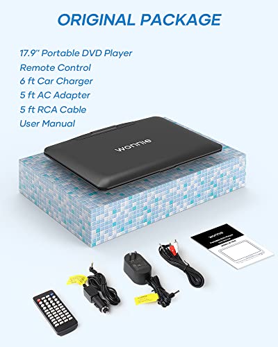 WONNIE 17.9'' Portable DVD Player with 15.4'' Large Screen, 6 Hrs Rechargeable Battery, High Volume Speaker, Support USB/SD and Multiple Disc Formats, Sync TV, Region Free, Remote Control, Car Charger