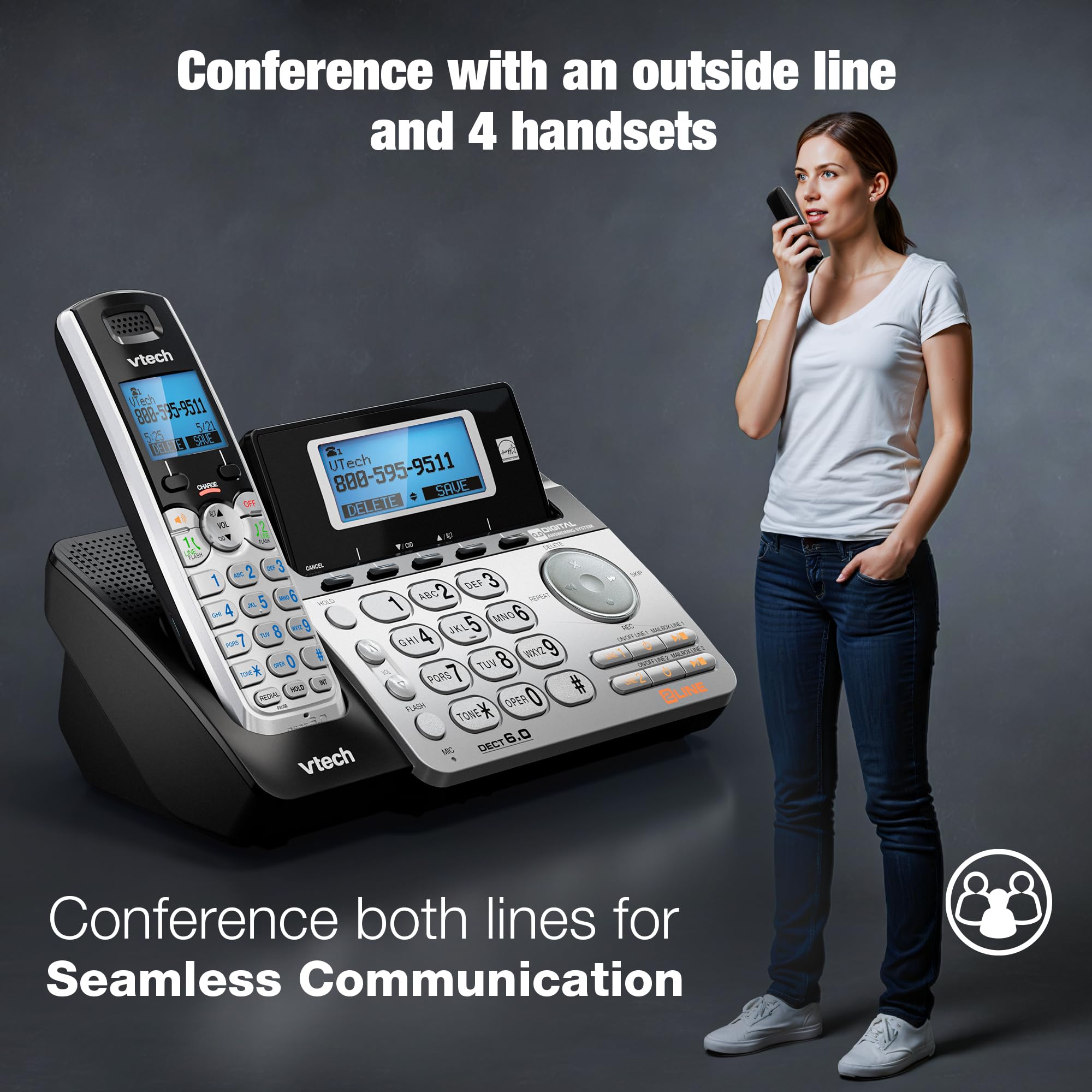 VTech DS6151-2 2 Handset 2-Line Cordless Phone System for Home or Small Business with Digital Answering System & Mailbox on each line, Silver