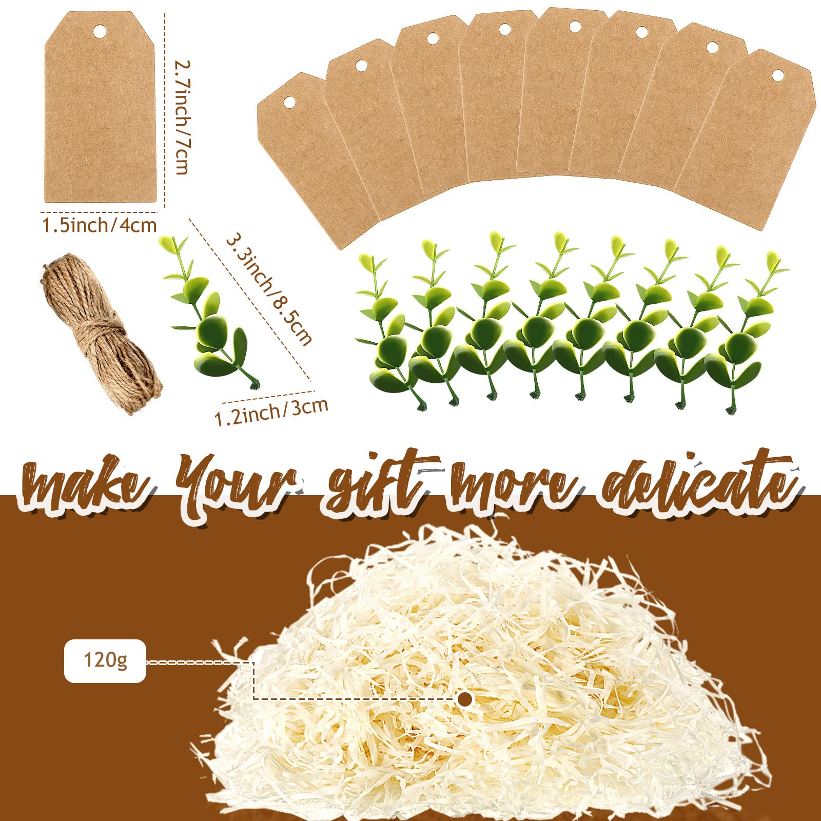 26 Pcs Gift Boxes Set 8 Paper Gift Box Kraft Boxes 8 x 8 x 4 Inch bridesmaid proposal boxes 8 Kraft Paper Gift Tags 8 Plastic Eucalyptus Leaves Stems 1 Cut Paper Shred Filler 1 Twine Rope (White)