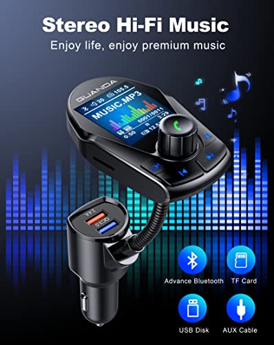 Bluetooth FM Transmitter (Upgraded Version) in-Car Wireless Radio Adapter Kit W 1.8" Color Display Hands-Free Call QC3.0 and Smart 2.4A Dual USB Ports, AUX Input/Output, TF Card MP3 Player