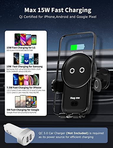 Wireless Car Charger, BENBOAR 15W Fast Charging Kharly Car Phone Holder, [Hug me] Astronaut Smart Sensor Auto-Clamping Phone Mount Car Air Vent Stand for iPhone Samsung Google LG etc Smartphones,Black