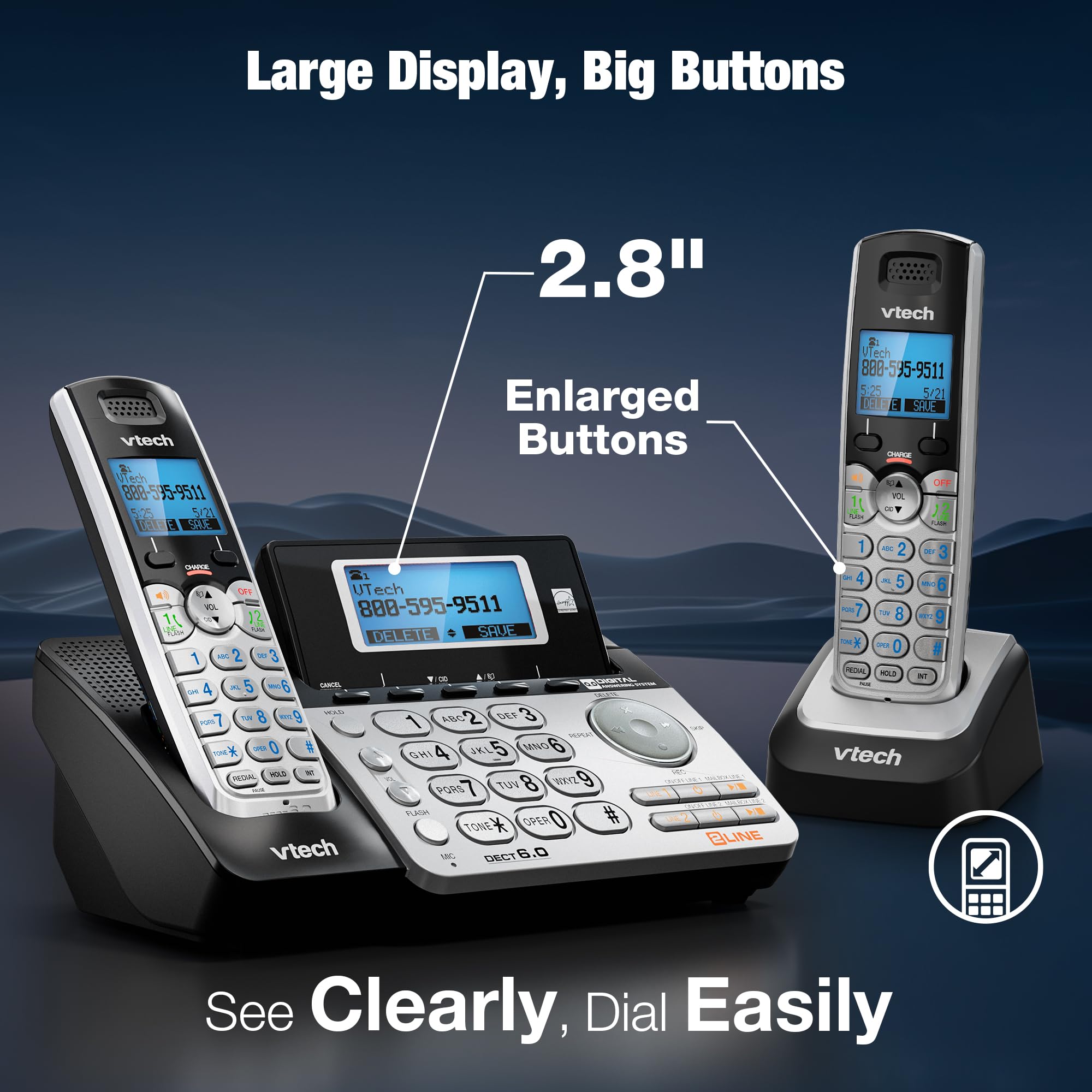 VTech DS6151-2 2 Handset 2-Line Cordless Phone System for Home or Small Business with Digital Answering System & Mailbox on each line, Silver
