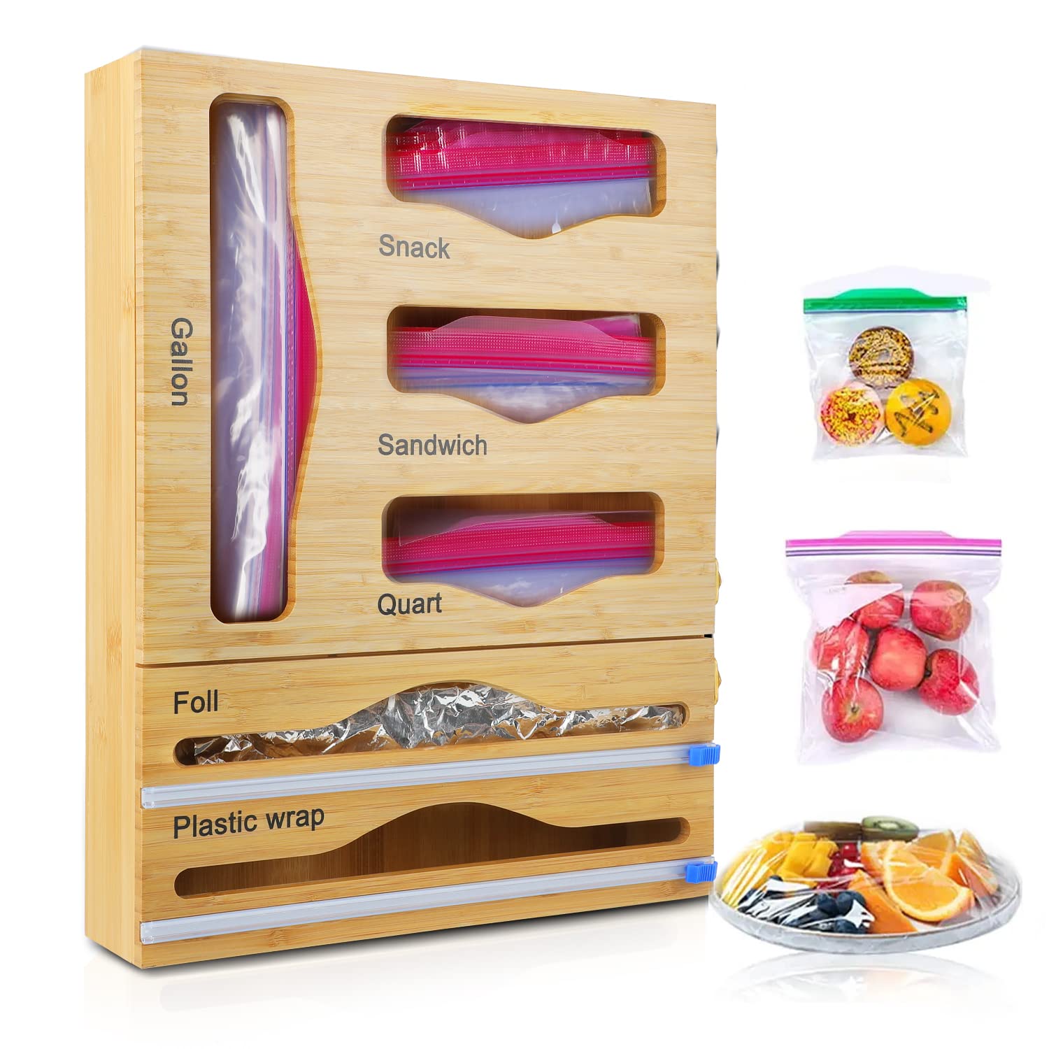 Foil and Plastic Wrap Organizer with Ziplock Bag Organizer - Evdekoru 6 in 1 Bamboo Aluminum Foil Dispenser with Cutter for Kitchen Drawer, Plastic Food Bag Organizer for Gallon,Quart,Sandwich