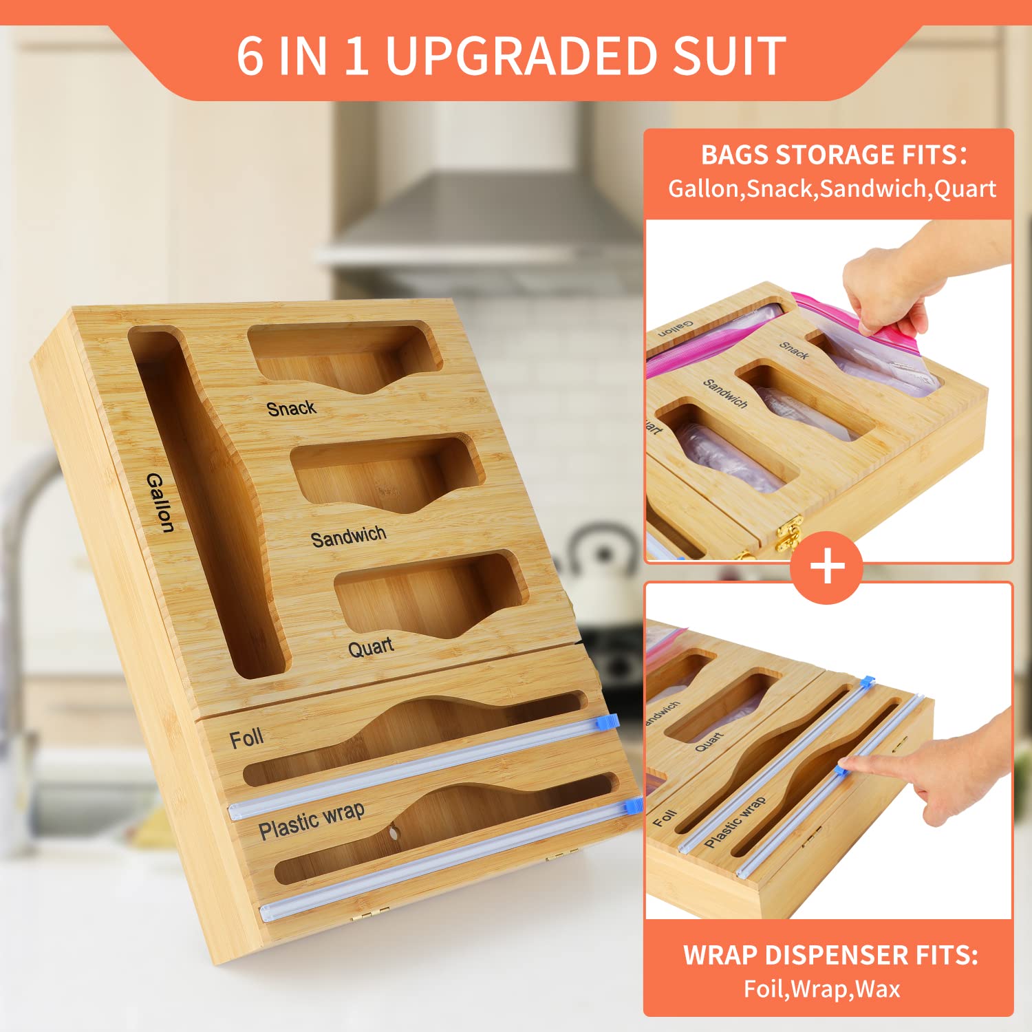 Foil and Plastic Wrap Organizer with Ziplock Bag Organizer - Evdekoru 6 in 1 Bamboo Aluminum Foil Dispenser with Cutter for Kitchen Drawer, Plastic Food Bag Organizer for Gallon,Quart,Sandwich