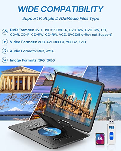 WONNIE 17.9'' Portable DVD Player with 15.4'' Large Screen, 6 Hrs Rechargeable Battery, High Volume Speaker, Support USB/SD and Multiple Disc Formats, Sync TV, Region Free, Remote Control, Car Charger