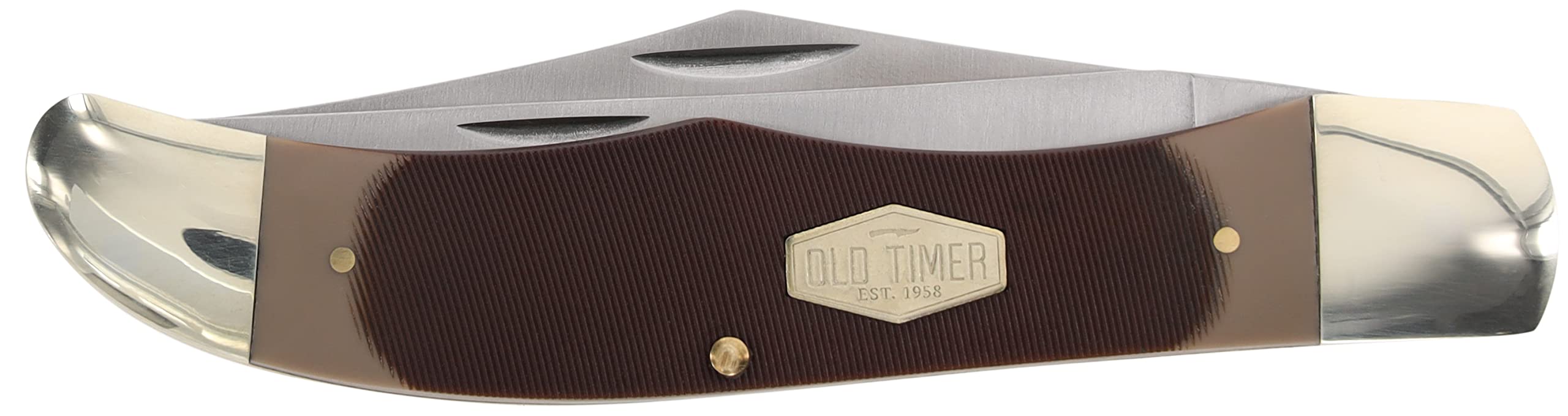 Old Timer 25OT Folding Hunter 9.3in Traditional Folding Pocket Knife with 2 High Carbon SS Blades, Ergonomic Sawcut Handle, and Leather Belt Sheath for EDC, Hunting, Camping, Whittling, and Outdoors