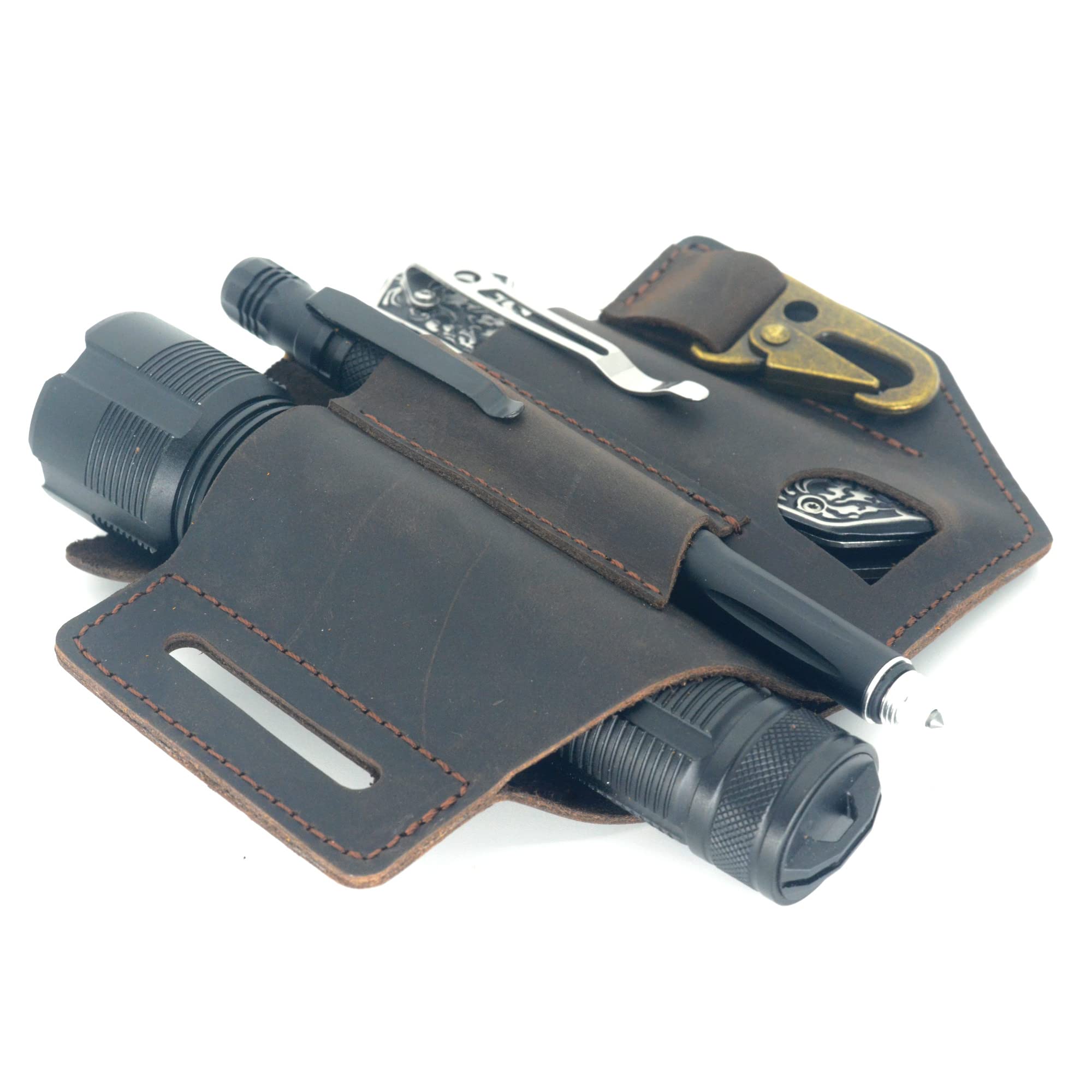 COLEAT Genuine Leather Multitool Sheath for Belt, Leather Man Sheath for Men, Leather EDC Pocket Organizer with Pen Holder, Flashlight Sheath, Keychain Clip, Knives Sheath Holster Dark Brown