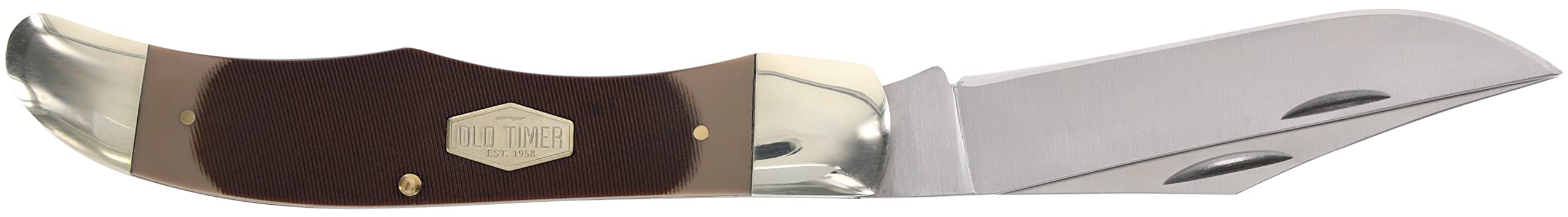 Old Timer 25OT Folding Hunter 9.3in Traditional Folding Pocket Knife with 2 High Carbon SS Blades, Ergonomic Sawcut Handle, and Leather Belt Sheath for EDC, Hunting, Camping, Whittling, and Outdoors