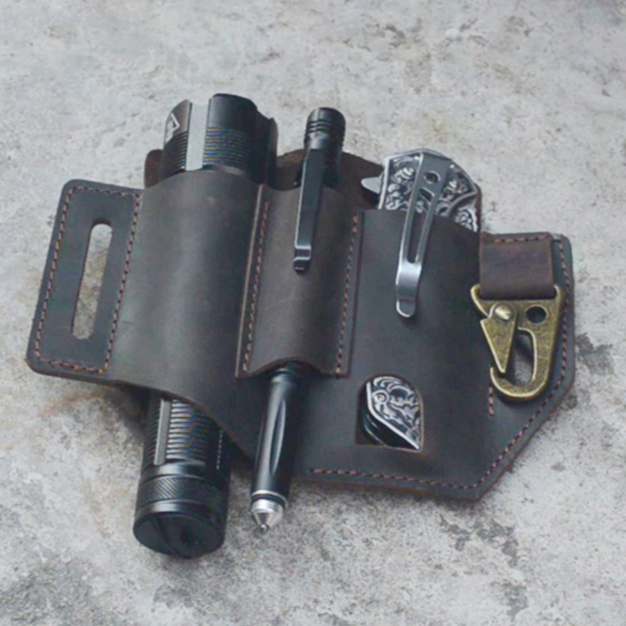 COLEAT Genuine Leather Multitool Sheath for Belt, Leather Man Sheath for Men, Leather EDC Pocket Organizer with Pen Holder, Flashlight Sheath, Keychain Clip, Knives Sheath Holster Dark Brown