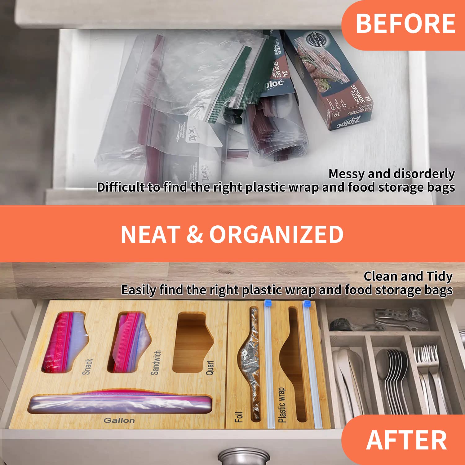 Foil and Plastic Wrap Organizer with Ziplock Bag Organizer - Evdekoru 6 in 1 Bamboo Aluminum Foil Dispenser with Cutter for Kitchen Drawer, Plastic Food Bag Organizer for Gallon,Quart,Sandwich