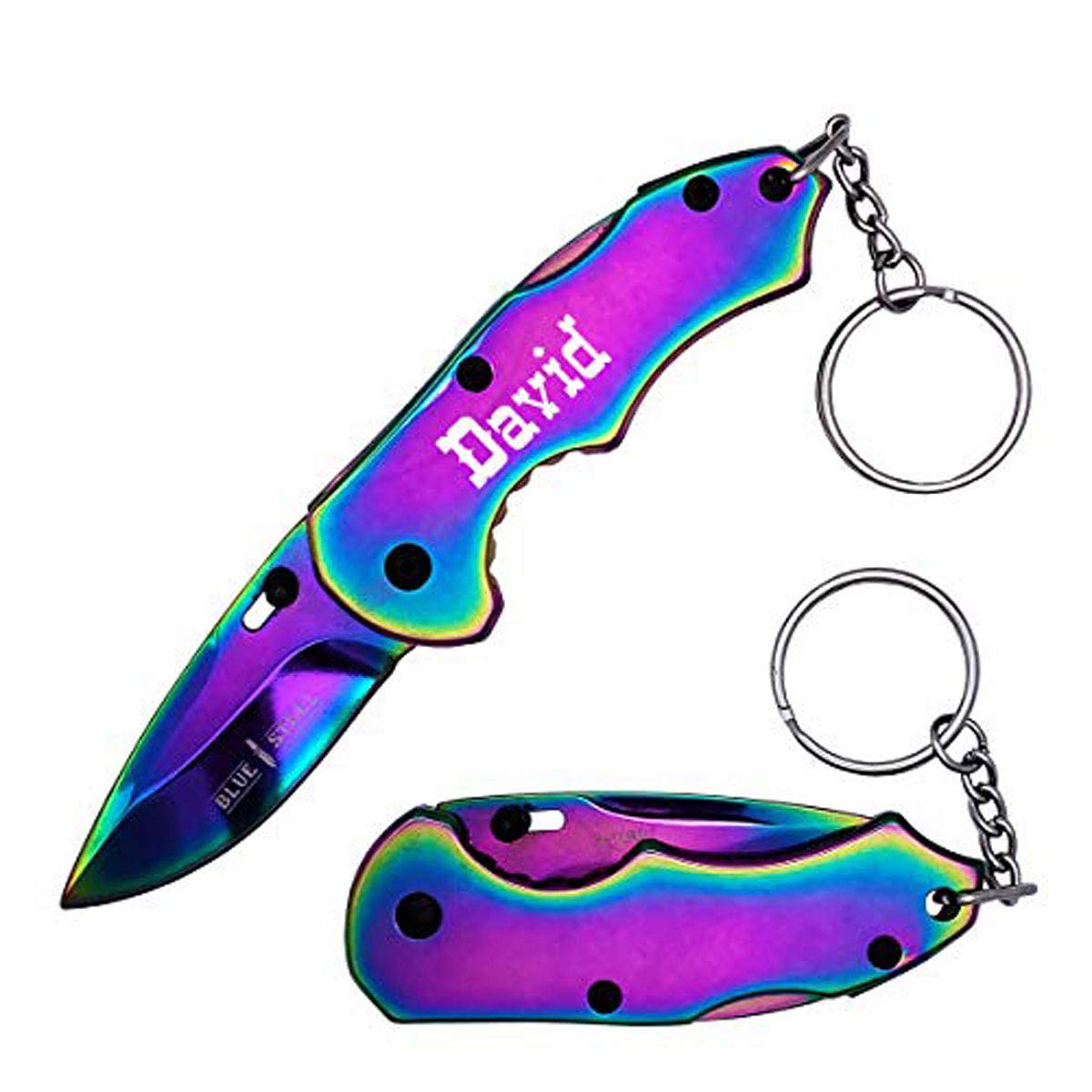 GIFTS INFINITY Personalized Laser Engraved Pocket Knife, Extreme 5in S.S. Folding Knife with Fine Edge Blade and Survival, and EDC (Rainbow)