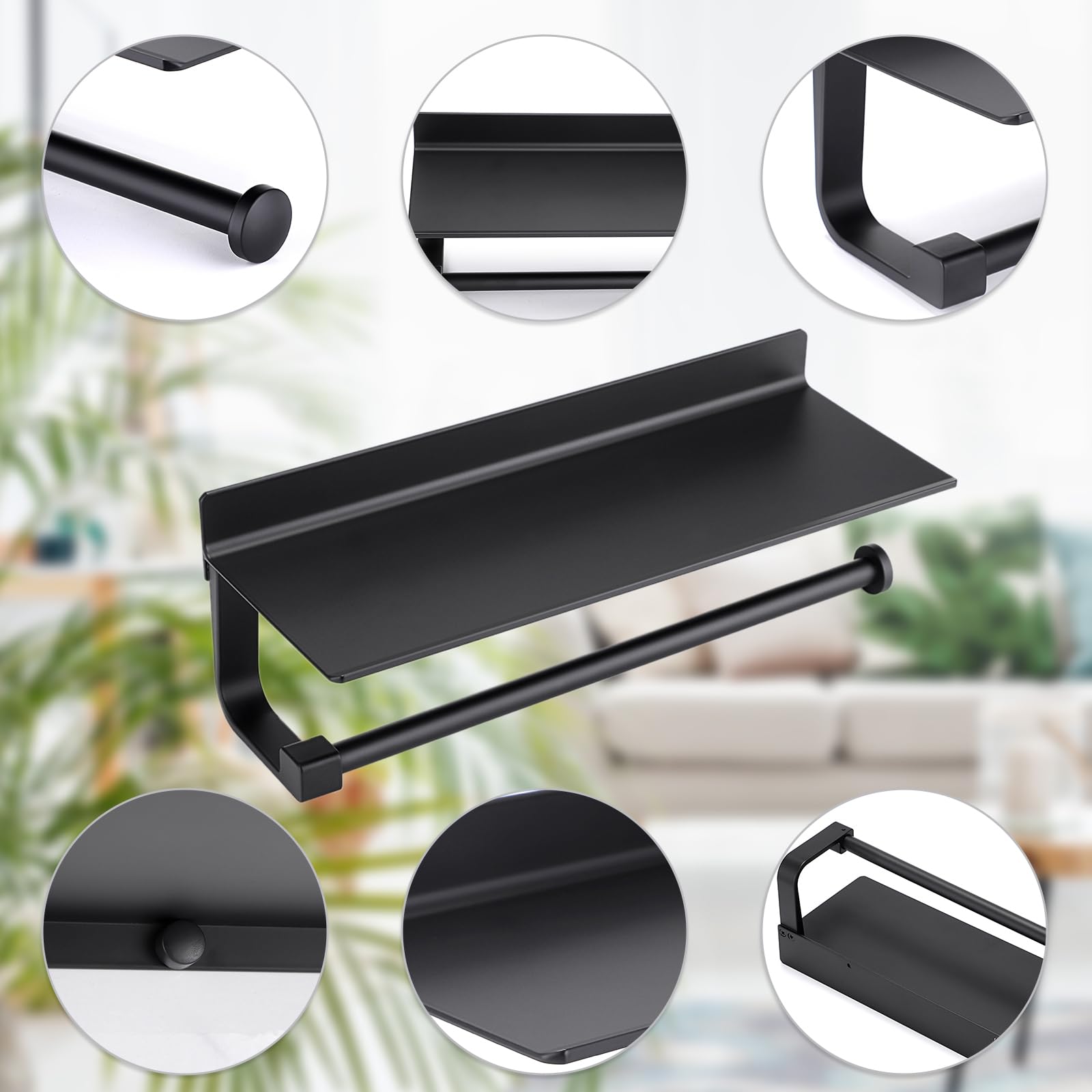 Sumnacon 13 Inch Aluminum Paper Towel Holder with Shelf - Wall Mounted Tissue Holder with Screws, Decorative Hand Towel Bar with Storage Organizer Shelf for Office, Bedroom, Bathroom, Kitchen,Black