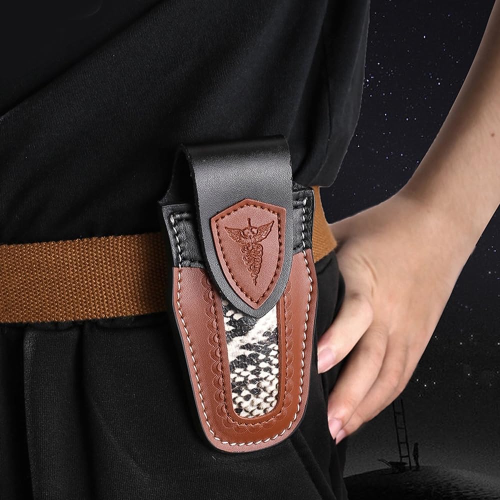 Pocket Knife Sheath, Folding Knife Cover Carved Leather Utility Knife Holster with Belt Clip for Camping Hunting Jungle