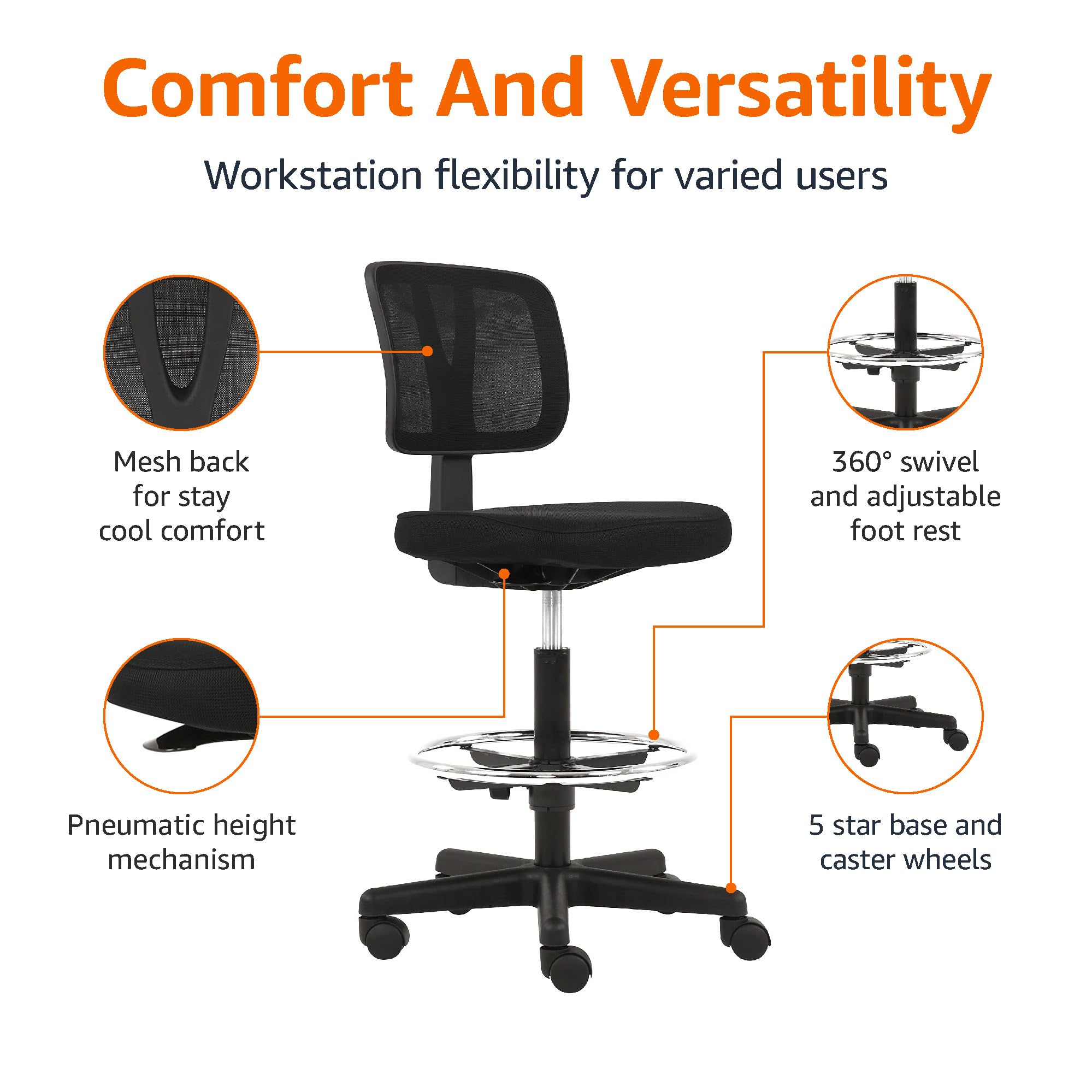 Amazon Basics Mid-back Mesh Office Drafting Chair Stool with Adjustable Footrest