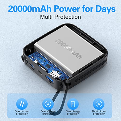 Portable Charger 20000mAh - 22.5W PD20W USB C Power Bank Fast Charging with Built-in Cables Lanyard 2in1, LED Display External Battery Pack with 4 Output 2 Input Charing Bank for iPhone, Samsung.