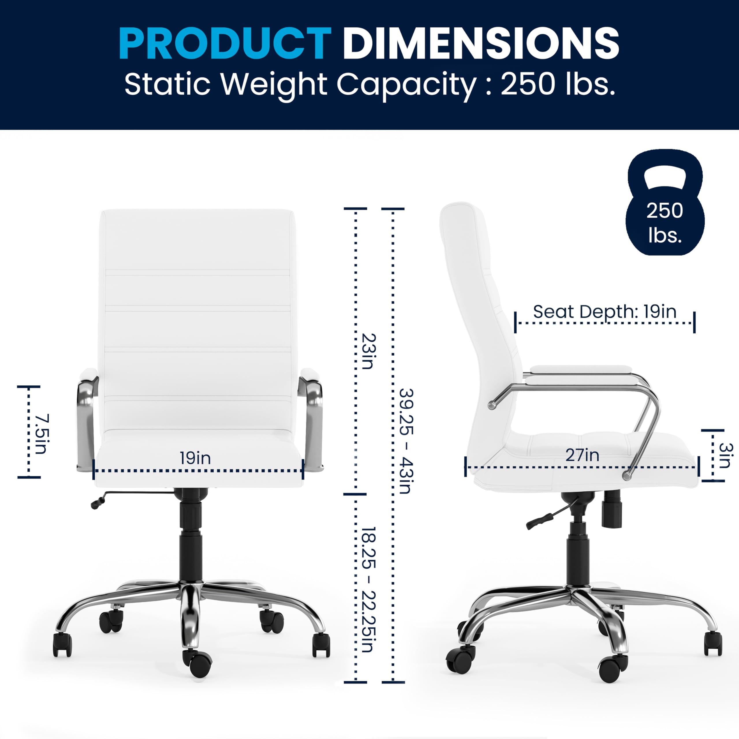 Flash Furniture Whitney High Back Desk Chair - White LeatherSoft Executive Swivel Office Chair with Chrome Frame - Swivel Arm Chair