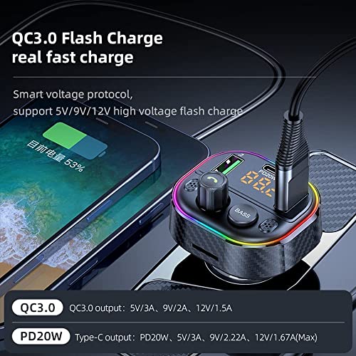 Bluetooth 5.1 FM Transmitter for Car, Bluetooth Car Adapter with PD20W+QC3.0 Car Radio Music Adapter, Supports Handsfree Call Siri Google Assistant, SD Card/U Disk, 7 Color LED Backlit, LED Voltmeter