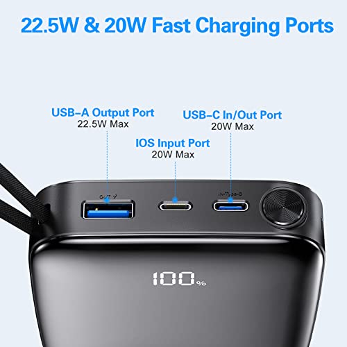 Portable Charger 20000mAh - 22.5W PD20W USB C Power Bank Fast Charging with Built-in Cables Lanyard 2in1, LED Display External Battery Pack with 4 Output 2 Input Charing Bank for iPhone, Samsung.