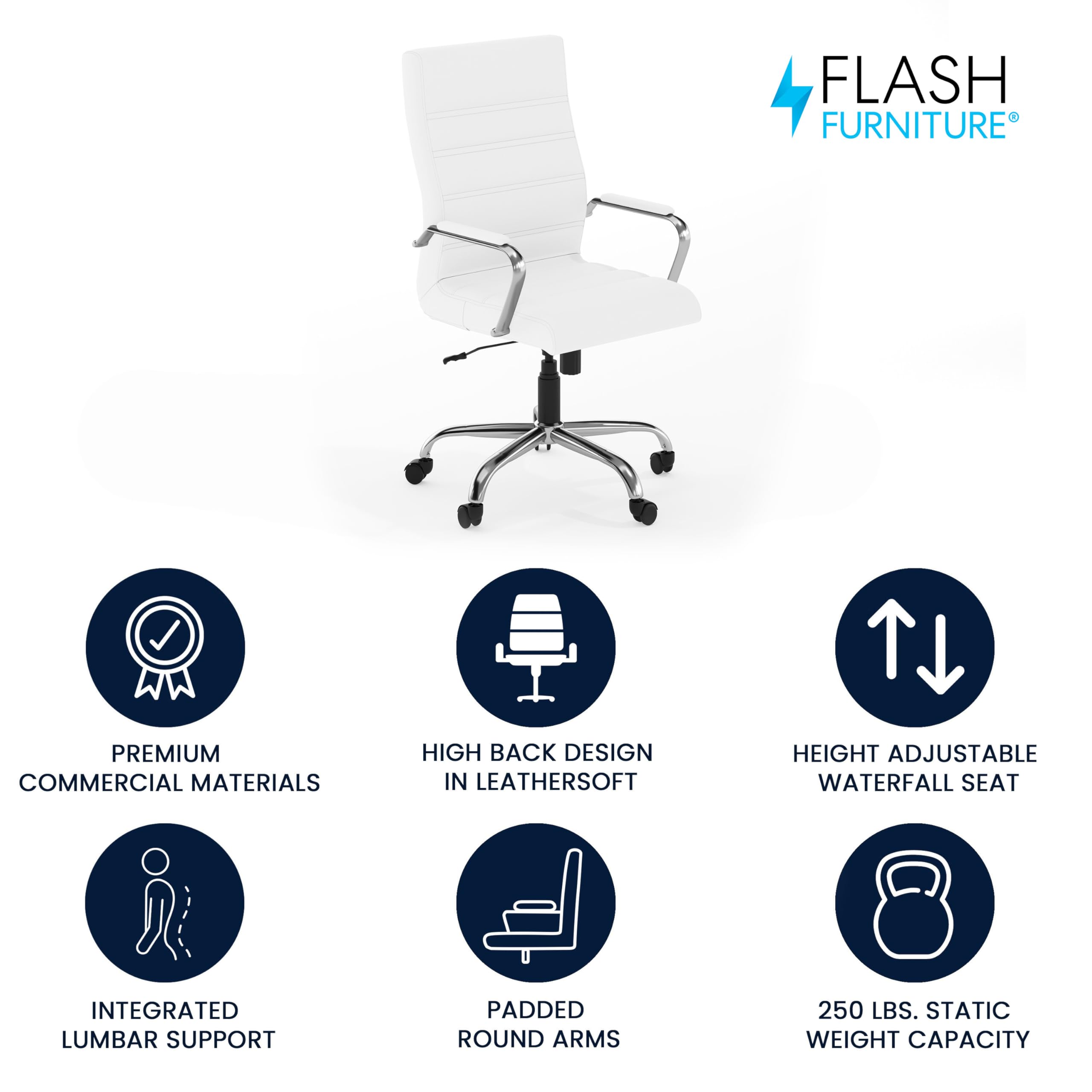 Flash Furniture Whitney High Back Desk Chair - White LeatherSoft Executive Swivel Office Chair with Chrome Frame - Swivel Arm Chair