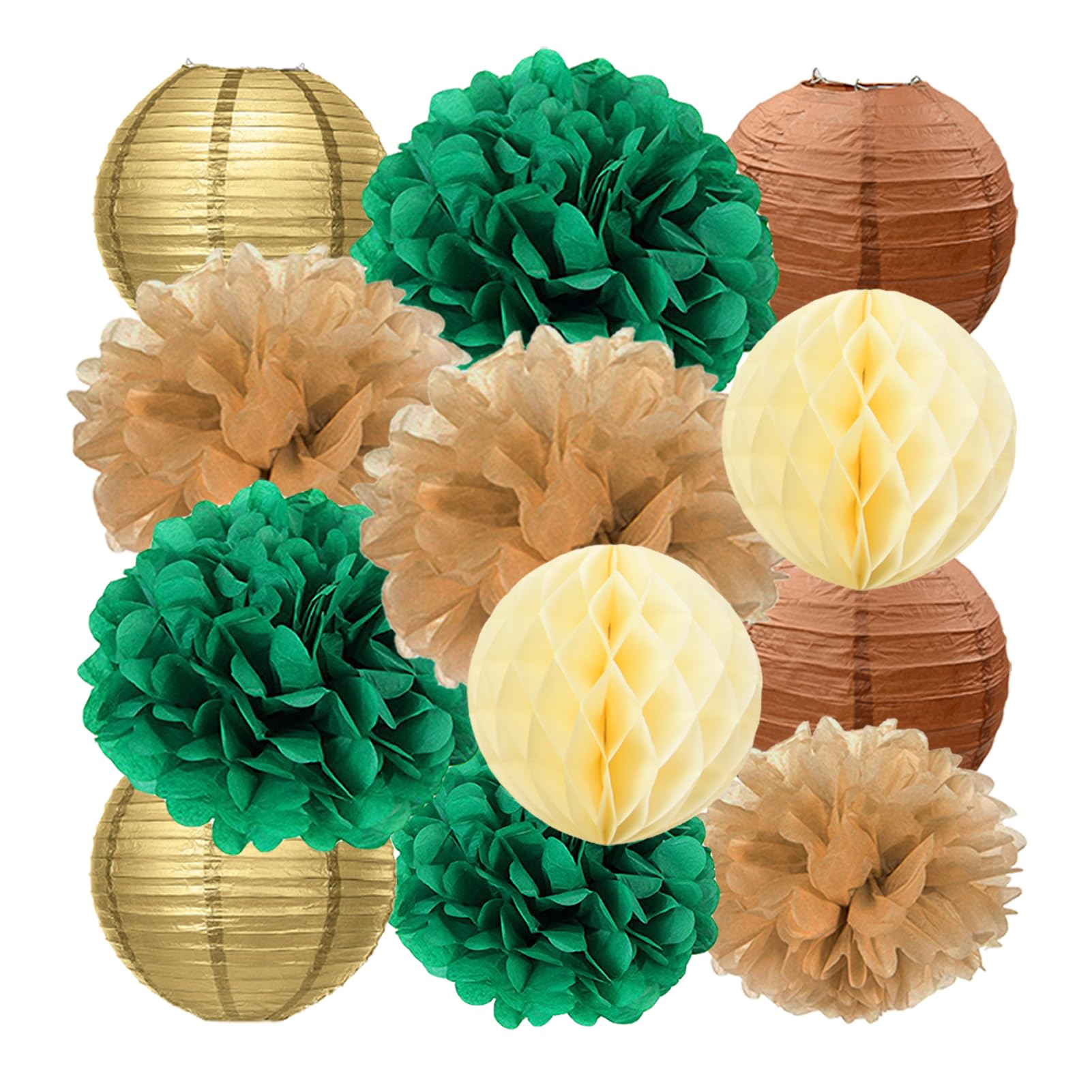 HappyField Woodland Animals Birthday Party Decorations Woodland Animals Baby Shower Decorations for Boy or Girl Rustic Gold Green Tan Brown Tissue Poms Paper Lanterns Gender Neutral Baby Shower Decor