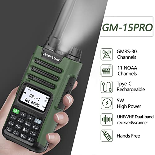 BAOFENG GM-15 Pro GMRS Radio(Upgrade of UV-5R) Handheld Radio,NOAA Weather Receiver & Scan Radio,GMRS Repeater Capable, Rechargeable Long Range Two Way Radio with USB-C Charger