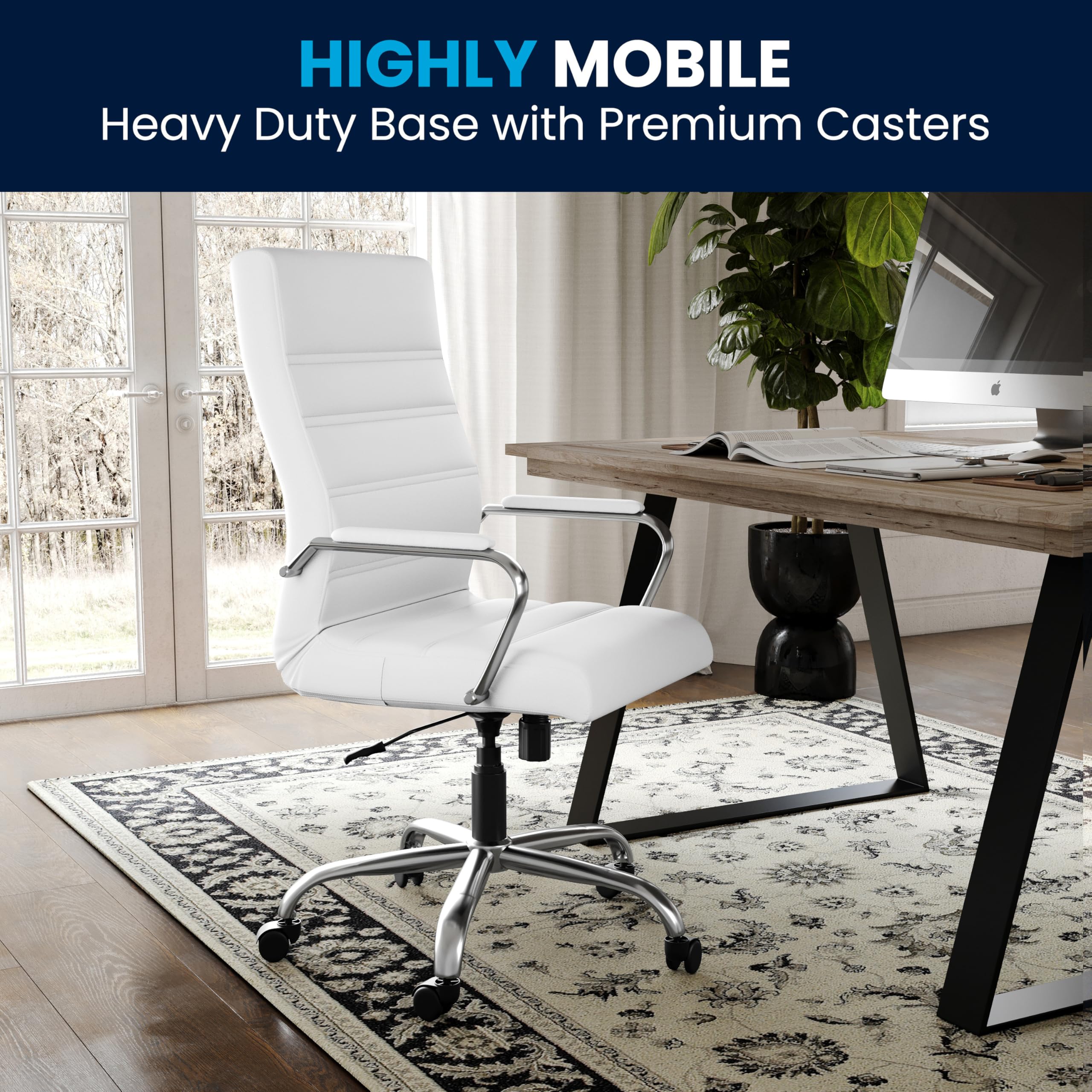 Flash Furniture Whitney High Back Desk Chair - White LeatherSoft Executive Swivel Office Chair with Chrome Frame - Swivel Arm Chair