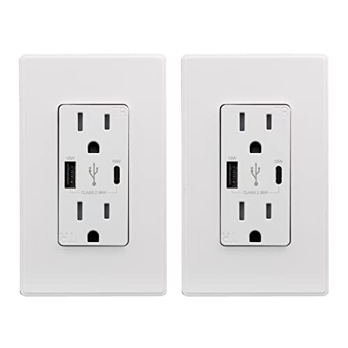 ELEGRP 36W PD 2.0 Quick Charge USB Wall Outlet, Type A & Type C Power Delivery and Quick Charge for iPhone/iPad/Samsung/Android, 15A USB Receptacle, UL Listed, w/Wall Plate, 2 Pack, Matte White