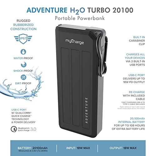 myCharge Portable Charger Waterproof USB C Power Bank Adventure 20100mAh Internal Battery / 18W Turbo Fast Charging Rugged Outdoor External Battery Pack Backup for Apple iPhone, iPad, Android