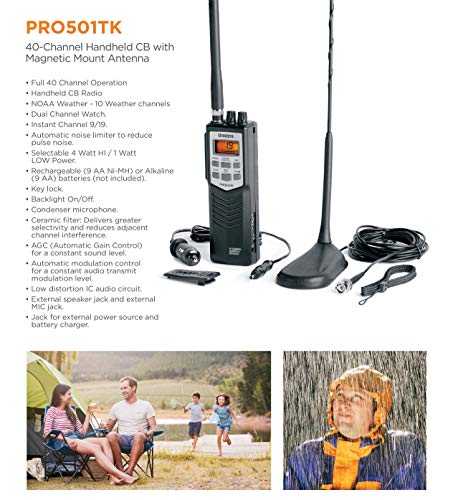 Uniden PRO501TK Pro-Series 40-Channel Portable Handheld CB Radio, Two-Way Emergency Radio, includes High-Gain Magnet Mount Antenna, Auto Noise Limiter, NOAA Weather, and Full Channel Scan