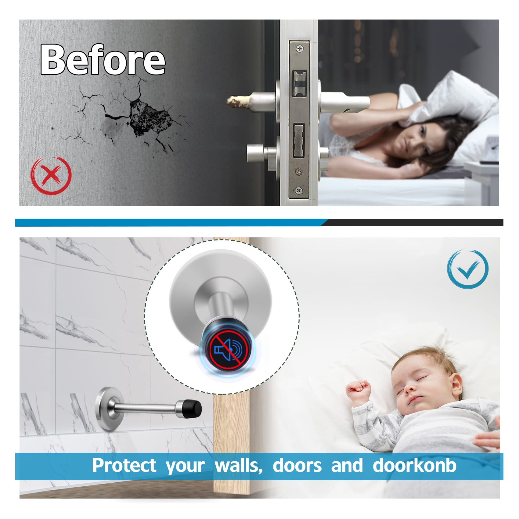 Door Stoppers 6 inch Door Stops Heavy Duty RustProof Stainless Steel Screw-in Door Holder with BabyProof Black Rubber Bumper Tips - Protects Your Walls - Long Door Stop Silver 1 Pack