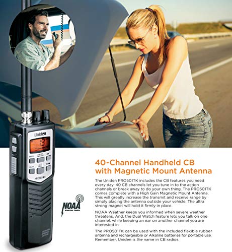 Uniden PRO501TK Pro-Series 40-Channel Portable Handheld CB Radio, Two-Way Emergency Radio, includes High-Gain Magnet Mount Antenna, Auto Noise Limiter, NOAA Weather, and Full Channel Scan