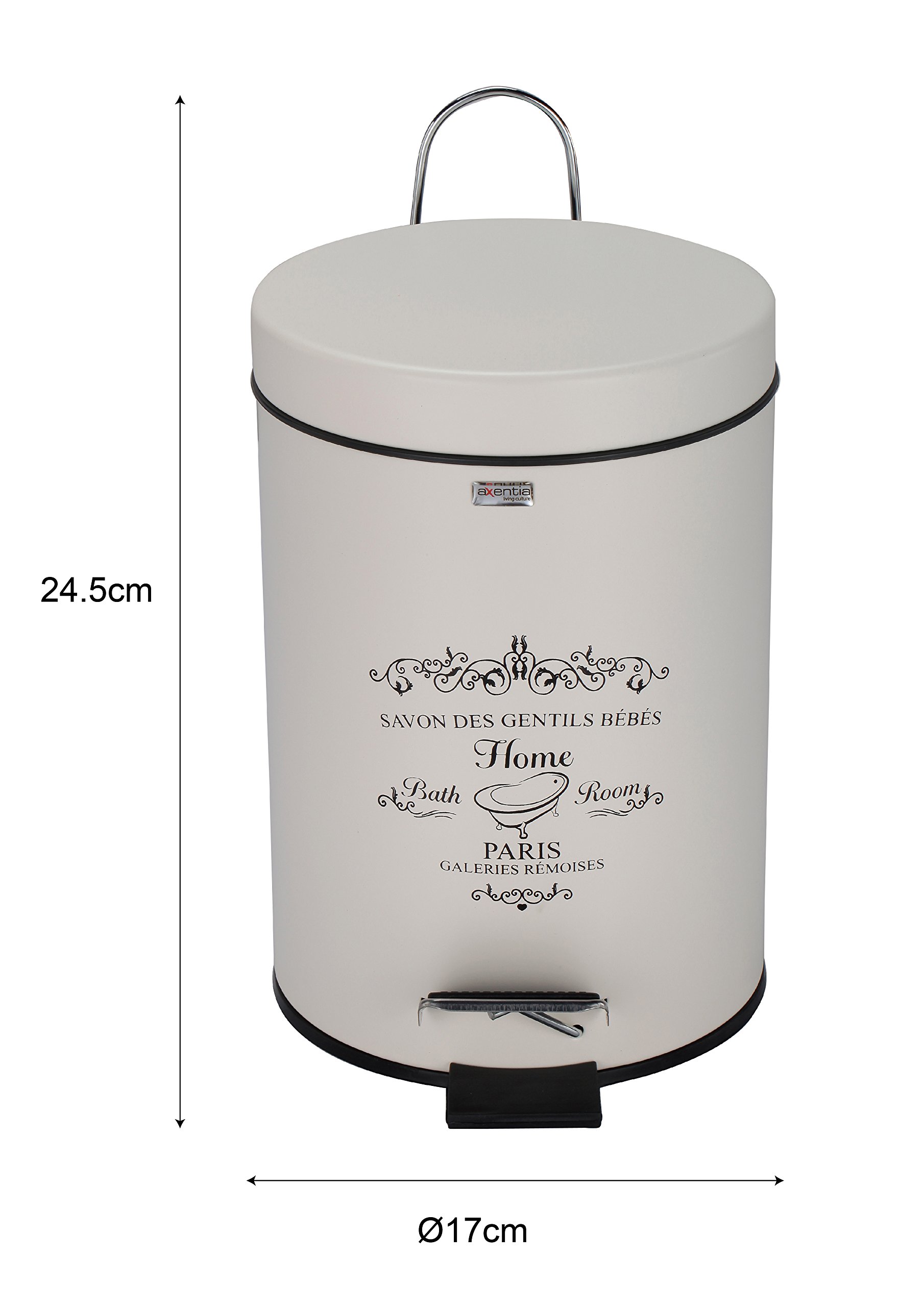 axentia Cosmetic Bin “Paris”, Dustbin Stainless Steel as Bathroom Accessory, Waste Bin with 3 litres Volume, Pedal-Bin for Bathroom, Approx. Diameter 17 x 24.5 cm, Antique White